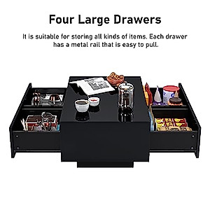 SUSSURRO LED Coffee Table with 4 Storage Sliding Drawers, High Glossy Modern Center Table with 20 Colors LED Lights for Living Room Bedroom,(Style-1 Black)