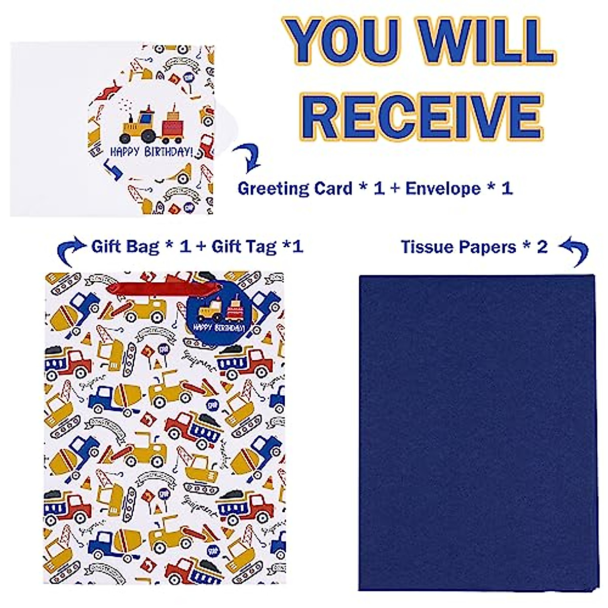 WRAPAHOLIC 13" Large Birthday Gift Bags with Card and Tissue Paper - Car Design for Kids Birthday, Gift Wrap