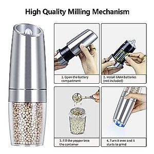 EasyCom Gravity Salt and Pepper Mill Set, Battery Powered with LED Light, Adjustable Coarseness, One Hand Automatic Pepper Mill for Kitchen and BBQ, 2 Pack, Silver