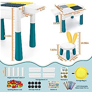 ROGALALY Kids Activity Table Set, All-in-One Multi Activity Table with Storage, 105pcs Building Blocks Table Compatible with Classic Bricks, Craft Learn Play Water Sand Table for Boys Girls