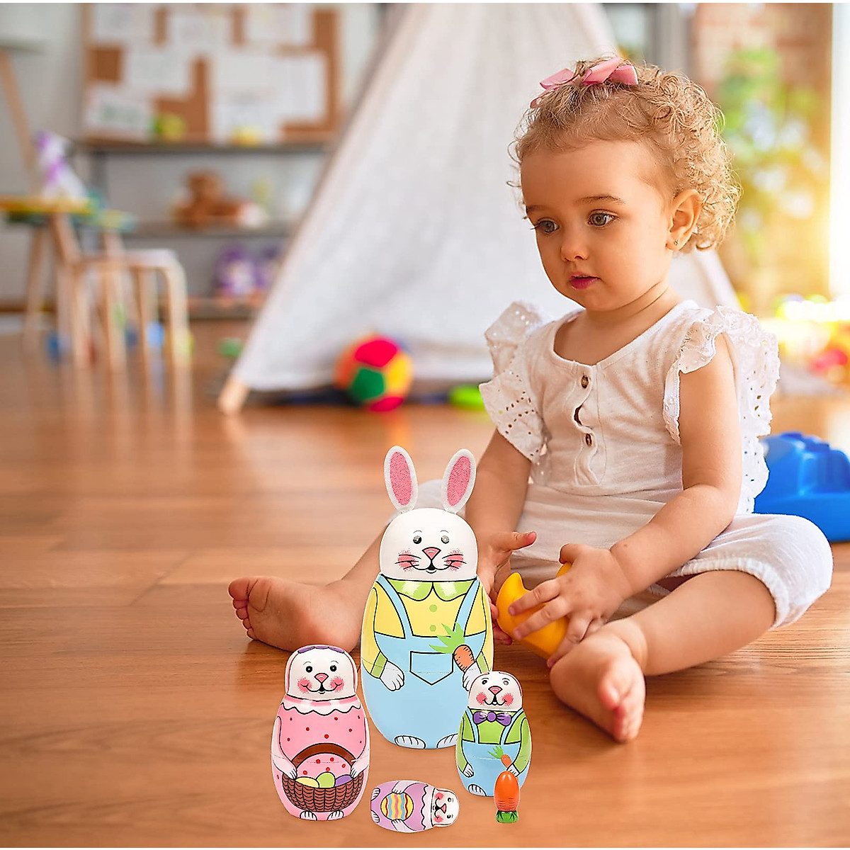HYSIGUAN Easter Bunny, Handmade Easter Wooden Toys for Toddlers, 5 Pcs Russian Nesting Dolls, Special Easter Eggs Decoration for Home, Gifts, Table, Bedroom, Kitchen (Rabbit)