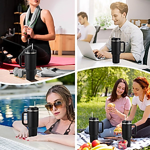 PIMDIR 40oz Tumbler with Handle Straw Lid, Stainless Steel Vacuum Insulated Reusable Travel Mug Keep Drinks Cold Ice Gym Cup, Gifts for Women Men Lovers, Car Holder Friendly, Black