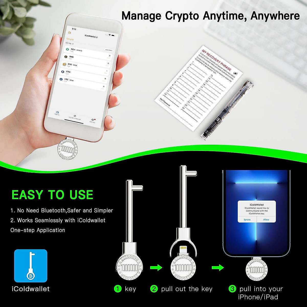 ySky MFi Certified Crypto Hardware Wallet for Bitcoin,Ethereum,ERC Tokens,Work with iPhone iPad - Safeguard Your Crypto to Securely Buy, Eaisly Manage and Grow All Your Digital Assets