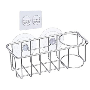 TESOT Sink Caddy Sponge Holder Brush Holder 2 in 1 with Upgraded Suction Cups or Using Adhesive Hooks, SUS304 Stainless Steel, Silver