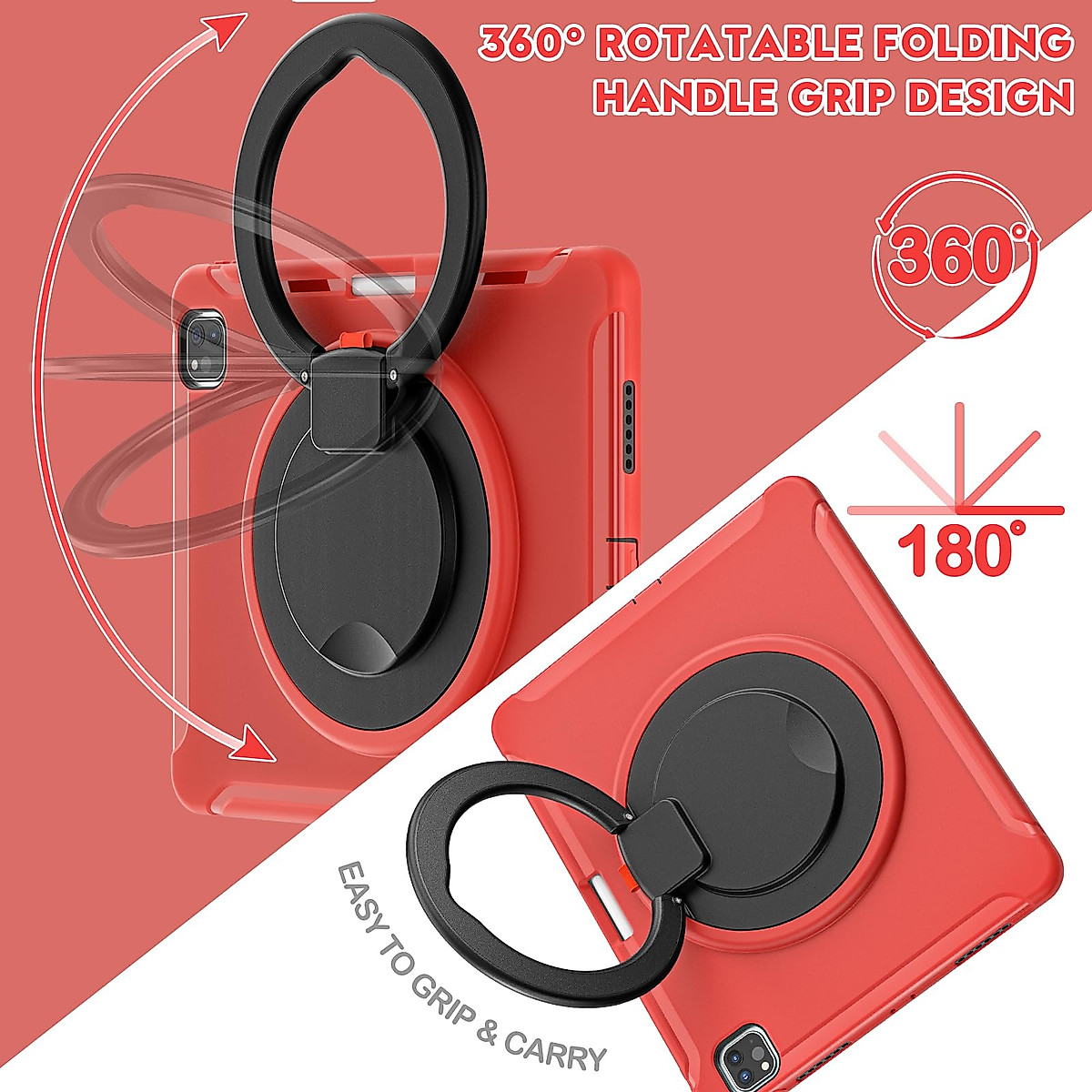 BATYUE iPad Pro 12.9 Case - Rugged Protective Case for iPad Pro 12.9-inch 6th/ 5th/ 4th/ 3rd Generation 2022/2021/ 2020/2018, iPad Pro 12.9 Cover with Pencil Holder/ 360° Swivel Stand - Red