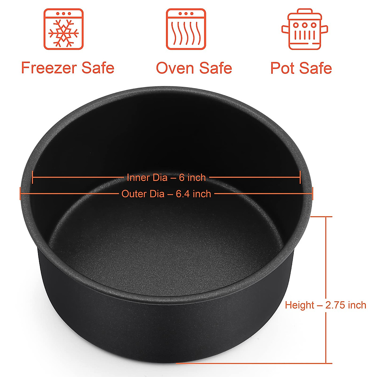 TeamFar Cake Pan, 6’’ x 2.75’’ Coated Birthday Wedding Cake Pan Round Baking Pans, with Stainless Steel Core & Non-stick Coating, Toxic Free, Oven Safe & Anti-melt, Deep Straight Side – Set of 2