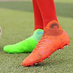 WELRUNG Men's Women's FG Cleats Training Athletic Non-Slip Long Studs High-Top Football Soccer Shoes for Youth Couple 12/10.5 US Orange Green