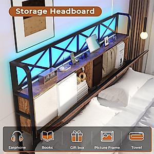 DICTAC King LED Bed Frame with Hidden Storage Headboard, Brown Leather Upholstered Bed Frame with 2 Drawers, Metal Platform King Led Headboard with Charging Station