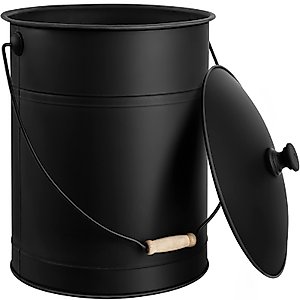 AMAGABELI GARDEN & HOME Ash Bucket with Lid Outdoor and Indoor Coal Bucket for Fireplace Medium Fire Bucket Metal Ash Can for Grill Charcoal Bucket Essential Tools for Fireplace Fire Pit Black