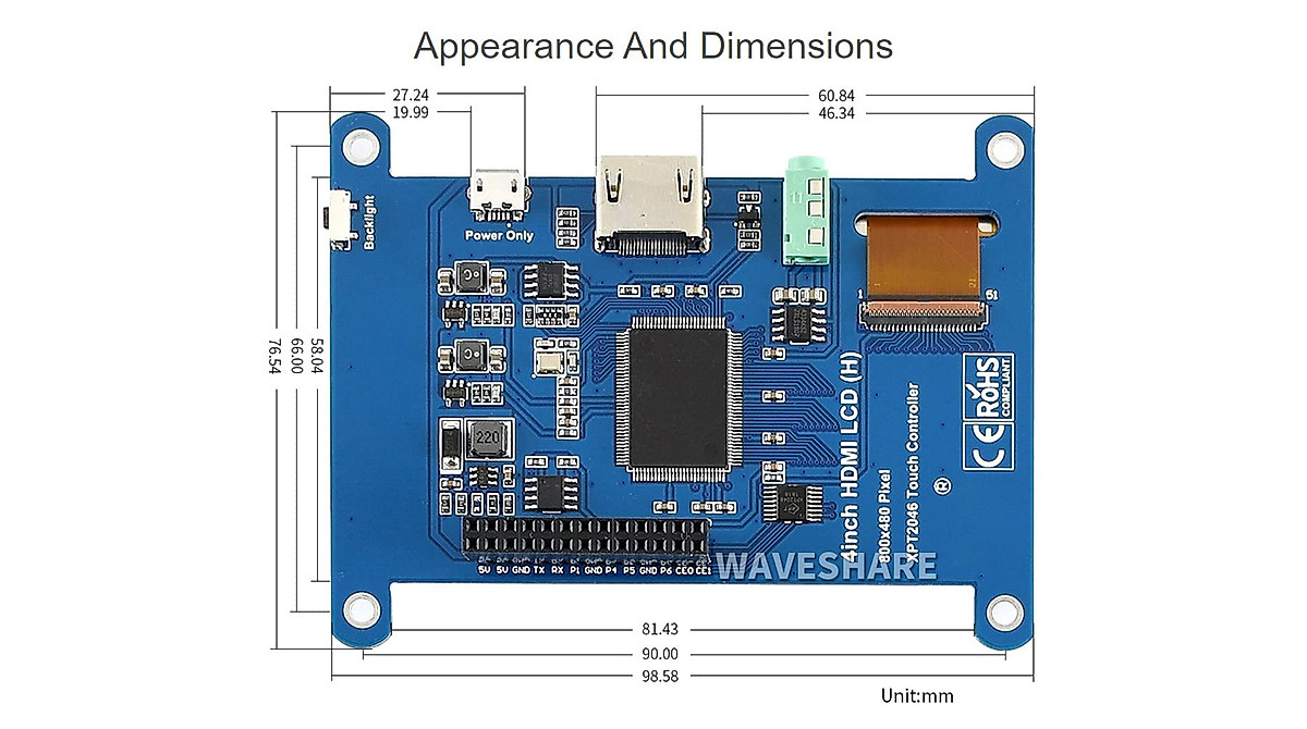 Waveshare 4-Inch Touch LCD for Raspberry Pi - 480x800