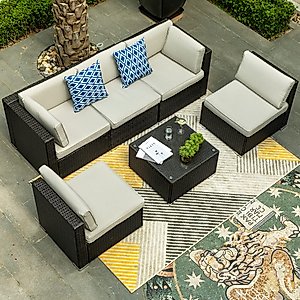 YITAHOME 6 Pieces Patio Furniture Set, Outdoor Sectional Sofa PE Wicker Conversation Set Outside Couch with Table for Porch Lawn Garden Backyard, Black