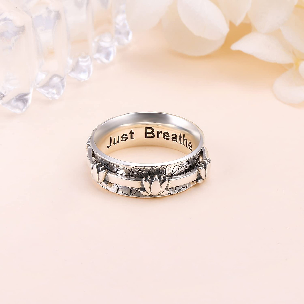 Ladytree Lotus Anxiety Relieve Spinner Rings Just Breathe Yoga Flower Fidget Ring Wide Band Oxidized Sterling Silver ADHD Stress Relieving Ring for Women(7)