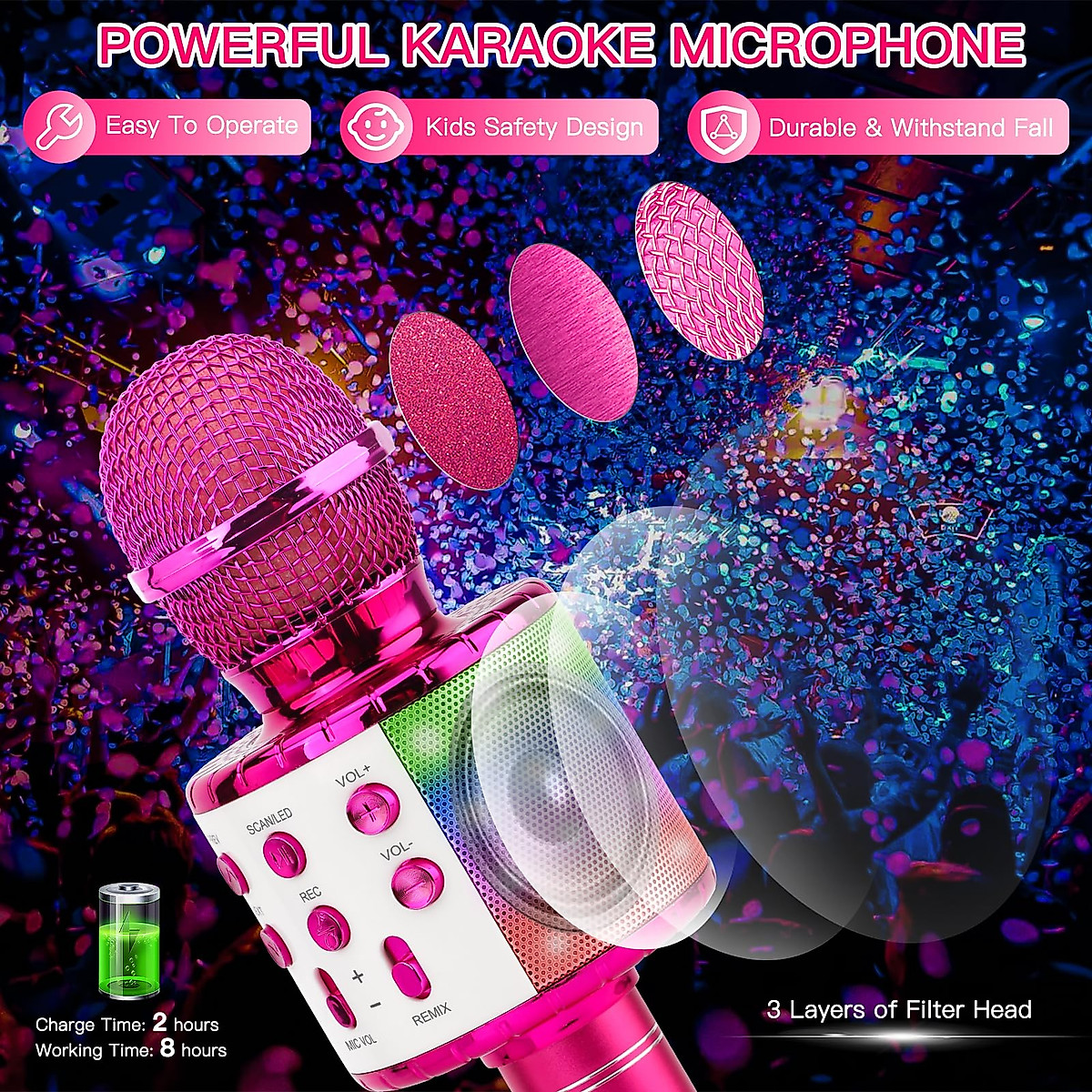 ShinePick Karaoke Microphone, 4 in 1 Wireless Microphone with LED Lights Handheld Portable Karaoke Machine, Home KTV Player, Compatible with Android & iOS Devices(Purple)