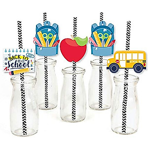 Big Dot of Happiness Back to School - Paper Straw Decor - First Day of School Classroom Striped Decorative Straws - Set of 24