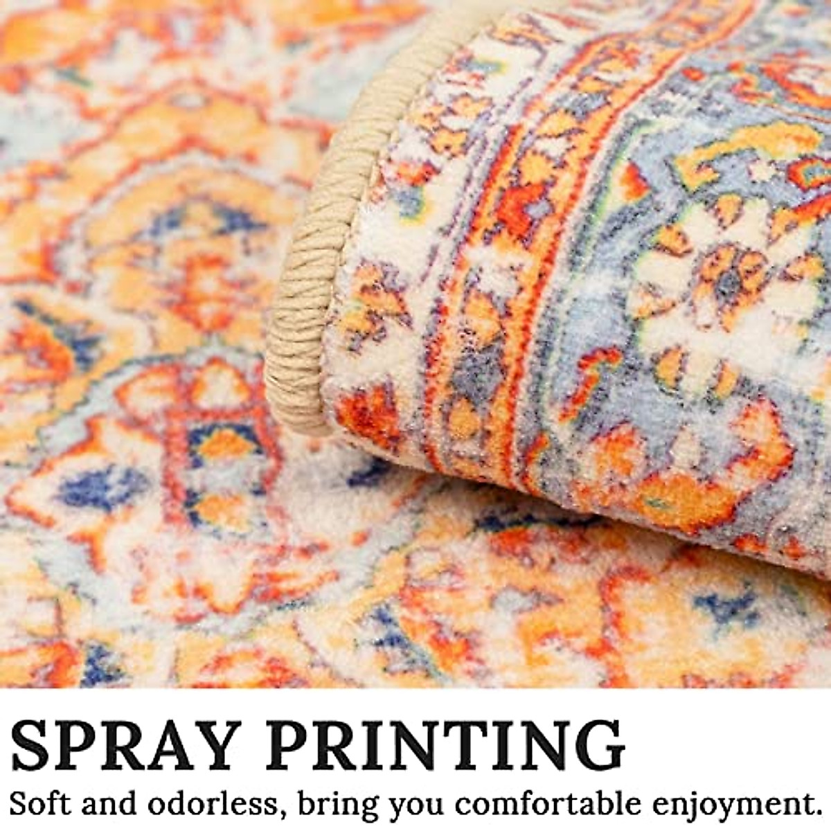 MUJOO Machine Washable Rugs 3x5 Boho Area Rug Small Area Rugs Non Slip for Entryway Bedroom Bedside Kitchen Hallway Living Room Laundry Room Persian Indoor Mat Soft Low-Pile Burnt Orange and Blue