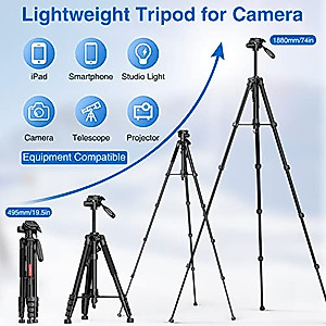 Camera Tripod 74" Tripod for Camera Cell Phone Video Photography, Heavy Duty Tripod, Professional Travel DSLR Tripods Compatible with Cameras, Phones, Projector, Ring Light, Spotting Scopes