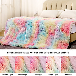 STFLY Faux Fur Throw Blanket, Decorative Luxury Tie Dye Rainbow Throw Blanket for Sofa Bed Couch, Shaggy Soft and Warm Blanket Cozy Plush Throws Queen Size for Autumn＆Winter, Girls
