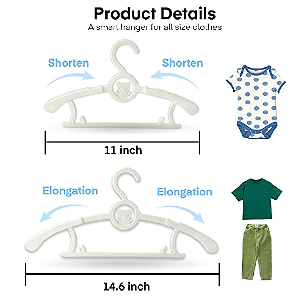 Baby Clothes Hangers, Adjustable Clothes Hangers for Infant and Baby- 10packs,, White