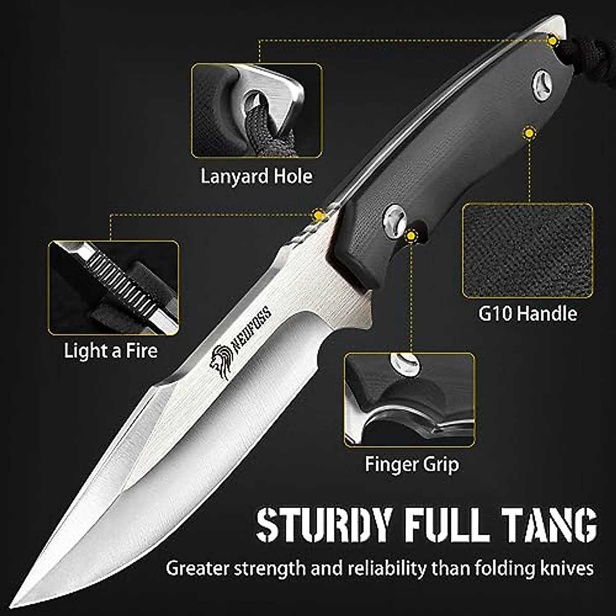 NedFoss Survival Knife with Fire Starter and Kydex Sheath, 9.25" Full Tang Fixed Blade Camping Knife with Sheath Horizontal & Vertical, Bushcraft Knife with G10 Handle for Outdoor, Hunting, Fishing