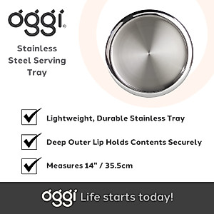 Oggi Round Tray Steel 14" - Ideal Coffee Table Tray, Decorative Tray, Tea Tray and Bar Serving Tray Stainless Steel, (7063.)