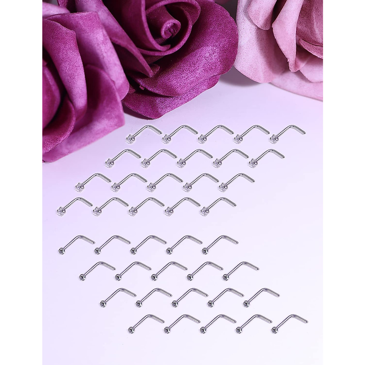 Vsnnsns 20G Nose Rings for Women Men 316L Surgical Stainless Steel L Shaped Nose Studs Screw Bone Nose Rings Piercings 20 Gauge Nostril Piercing Nose Studs Jewelry Diamond CZ 2mm Silver