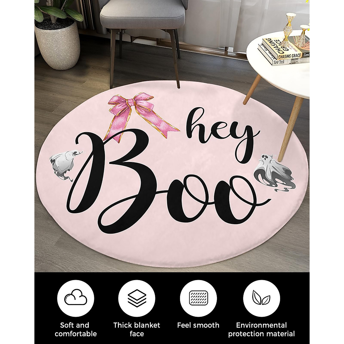 Halloween Fluffy Round Area Rug Carpets 3ft, Plush Shaggy Carpet Soft Circular Rugs, Non-Slip Fuzzy Accent Floor Mat for Living Room Bedroom Nursery Home Decor Blush Pink Spooky Ghost Horror