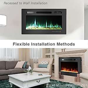 36 Inch Electric Fireplace Inserts, Quiet Wall Mounted Fireplace, Led Fireplace for Living Room, Recessed Electric Fireplace, Linear Fireplace, Logs & Crystal, 750/1500W