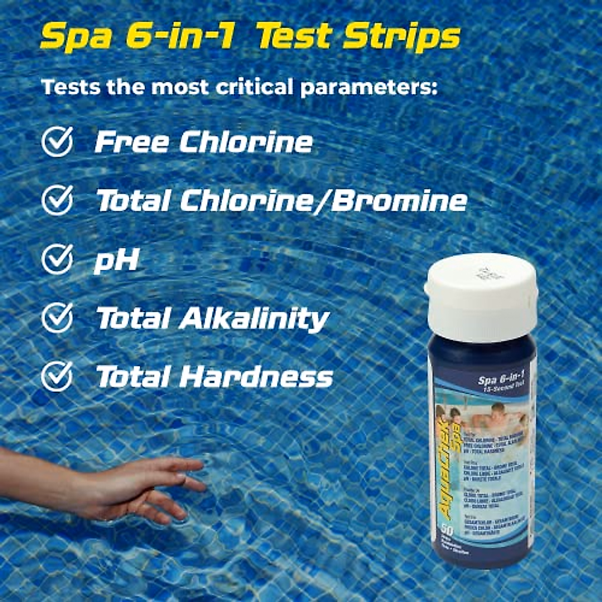 AquaChek SPA 6-in-1 Test Strips - Spa Test Strips for Total Bromine, Total Chlorine, Free Chlorine, pH, Total Alkalinity, and Total Hardness - Professional Water Quality Testing Kit (50 Strips)