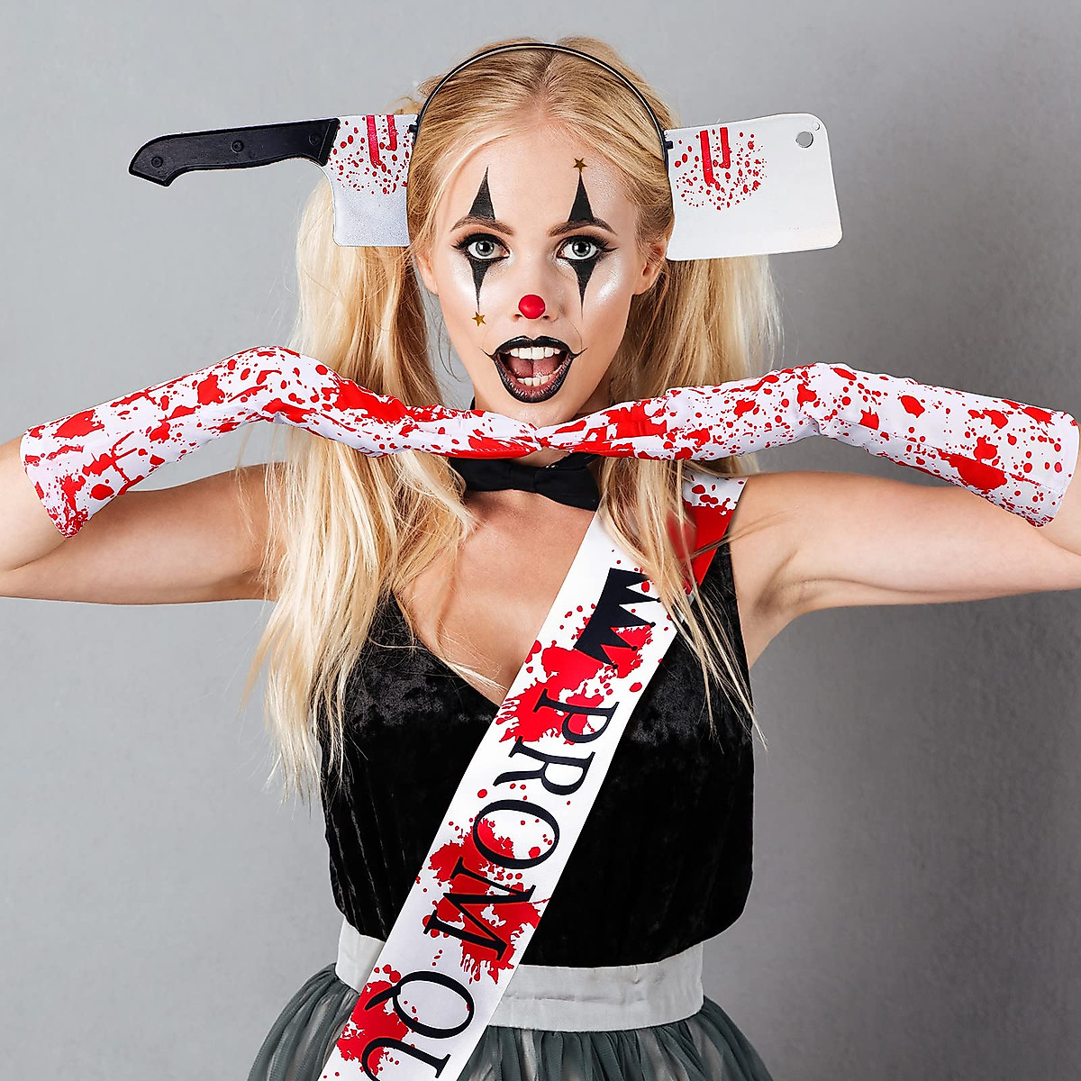 Jiuguva 4 Pcs Halloween Blood Prom Queen Costume Zombie Cosplay Accessory Set Including Knife Headband White Bloody Gloves Prom Queen Satin Sash for Women Girls Halloween Dress up Party Prop Supplies