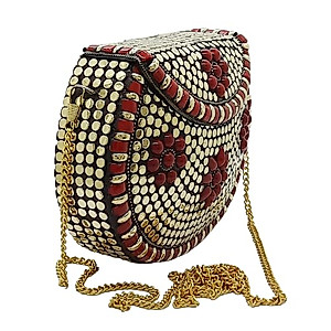 Trend Overseas Multicolor Acrylic Stone Golden metal Bead Clutch Girls Bridal Bag for women/Girl party clutch, Acrylic Red