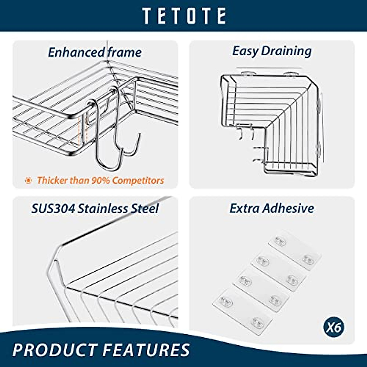 TETOTE Corner Shower Caddy,2-Pack Storage For Inside Shower Adhesive Shelf with Hooks,SUS304 Rustproof No drill Organizer Suction cups for Bathroom Stick On Shelves