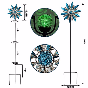 Glintoper Solar Wind Spinner, Outdoor Metal Stake Yard Spinners, Hollow Leaf Garden Kinetic Wind Catcher Wind Mills, Solar Powered Color Changing LED with Glass Ball, for Patio Lawn Yard