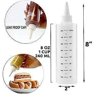 8-Ounce Plastic Squeeze Bottles with Graduated Measurements (8-Pack); Great for Kitchen, Portion Control, Condiments, Cosmetic Use & Crafts