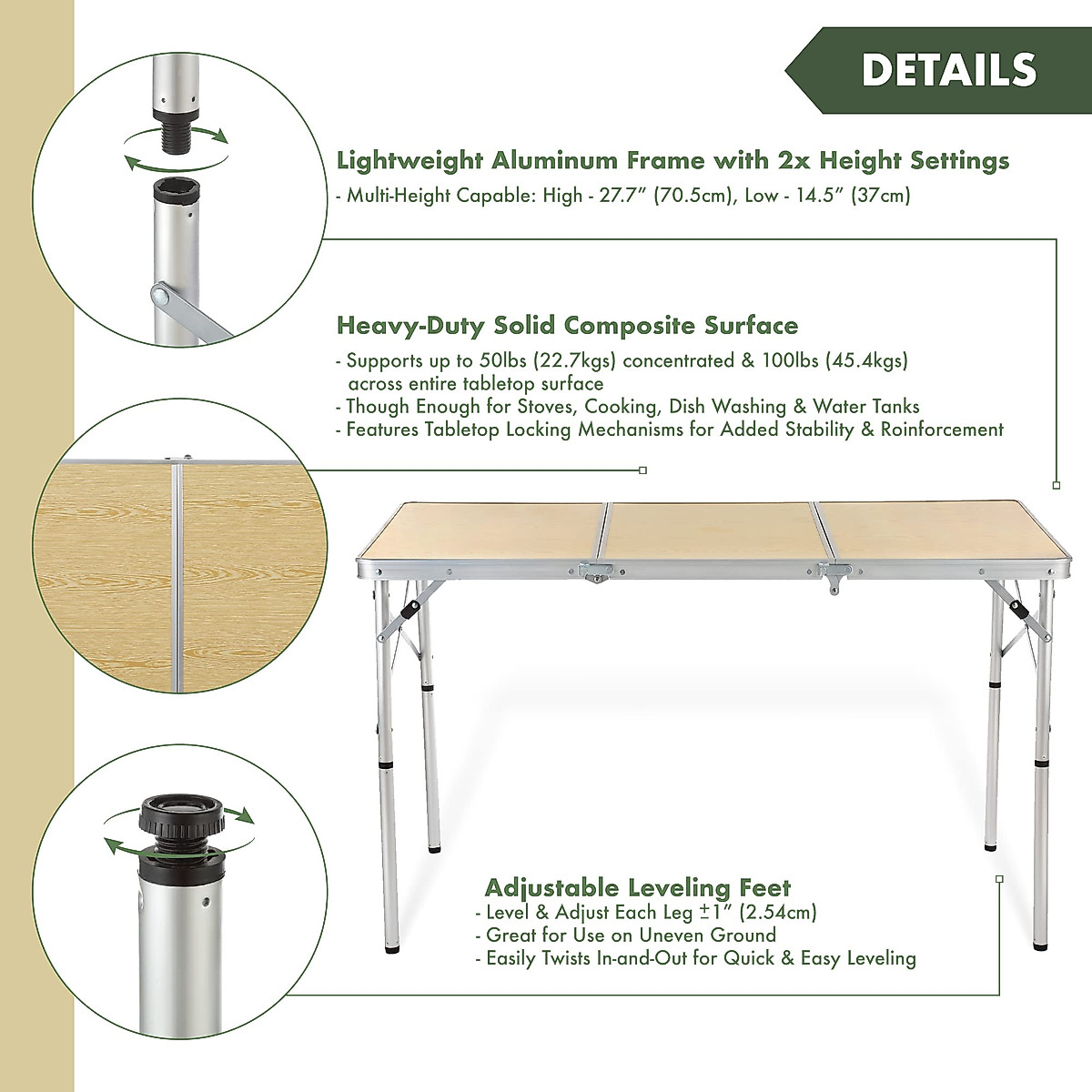 ARROWHEAD OUTDOOR 4’ ft Heavy-Duty Portable Aluminum Frame Folding Table w/Leveling Feet, Solid Tabletop Surface, 2 Adjustable Heights, Carrying Case Included, Lightweight, USA-Based Support