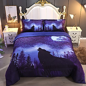 Wowelife Wolf Comforter Set Bedding Set Twin Blue 5 Pieces Forest Bedding Set Wolf Bed Set Twin Kids Bed in a Bag for Boys and Girls with Sheet Sets, Super Breathable Soft