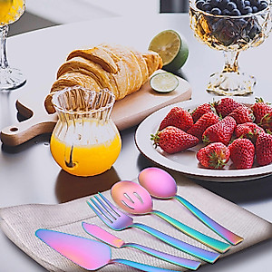 Herogo 5-Piece Matte Rainbow Stainless Steel Serving Utensils Set, Metal Square Hostess Serving Set for Catering Banquet Buffet Party Camping Kitchen Restaurant, Dishwasher Safe