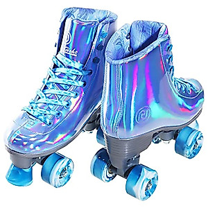 JajaHoho Roller Skates for Women, Holographic High Top Faux Leather Rollerskates, Shiny Double-row four colour mixture wheels Quad Skates for Girls and Age 8-51 Indoor Outdoor (Very Peri Blue, Size 9)