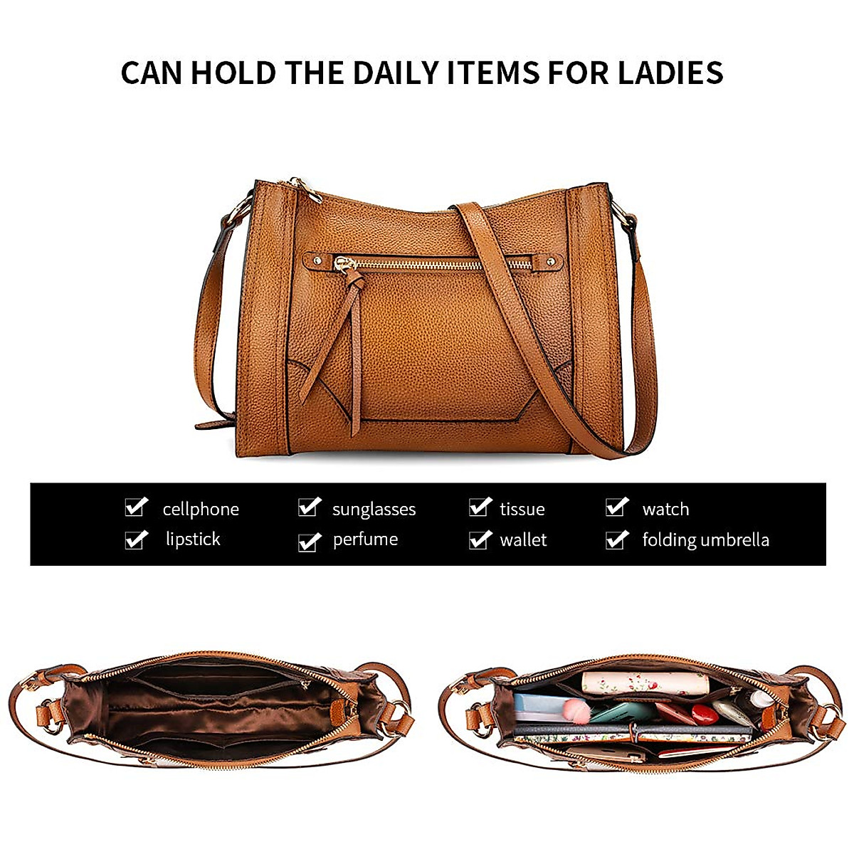 Kattee Genuine Leather Purses and Handbags for Women Crossbody Stachel Shoulder Bags Brown