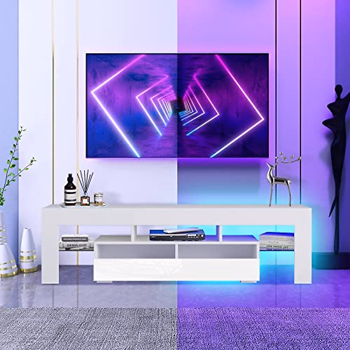TV Stand with LED Lights for 60/65/70 Inch TV, Modern Gaming Entertainment Center, High Gloss Television Stands Media Console with Glass Shelves and 2 Drawers for Living Room, Bedroom, White