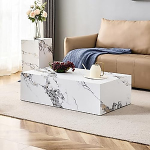 KEVINSPACE Coffee Tables for Living Room, 39.37" Modern Coffee Table Faux Marble Rectangular Drum Coffee Table, Fully-Assembled White Furniture with Mid Century Design for Waiting Area