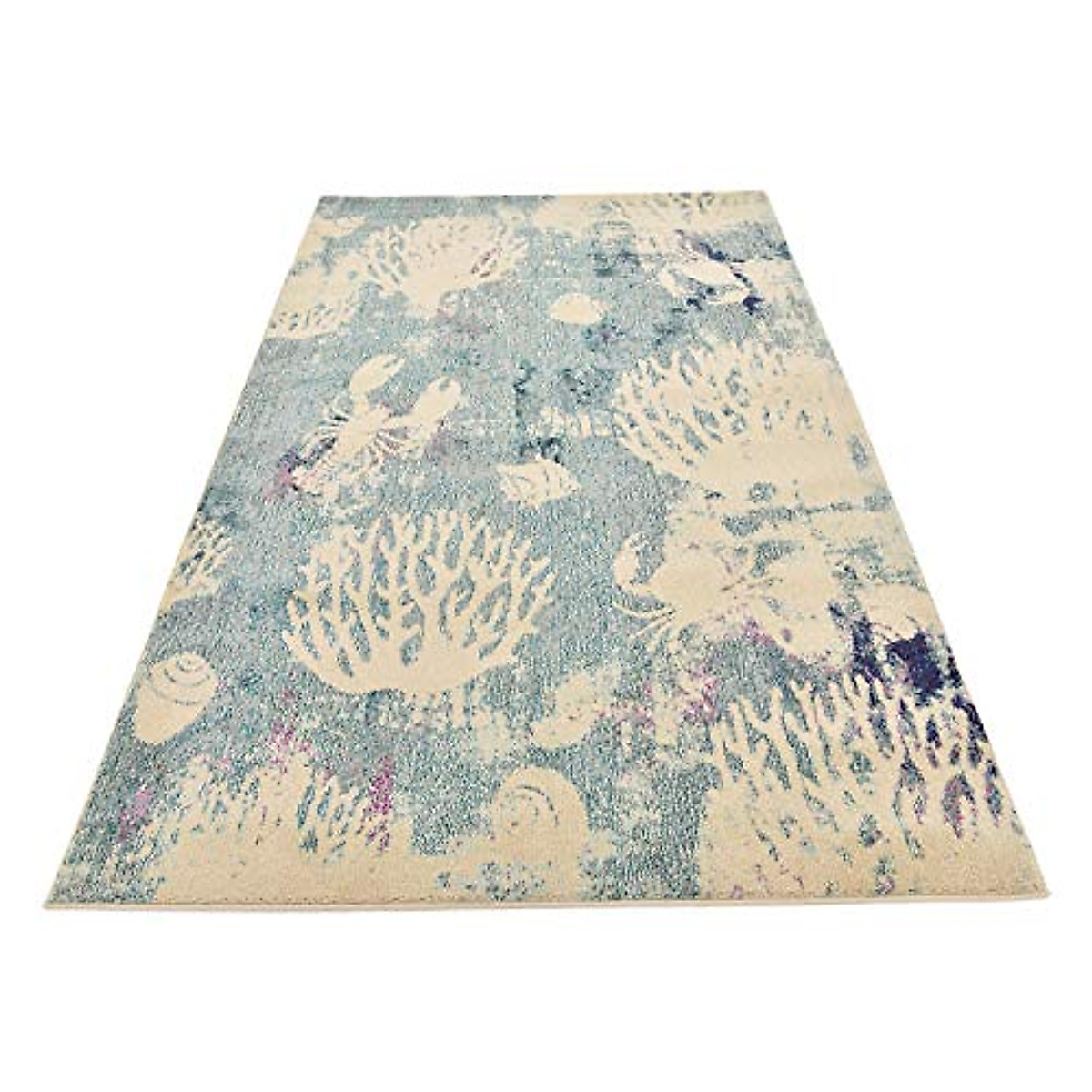 Unique Loom Positano Collection Coastal Modern Coral Lobster Shells Light Blue Area Rug (5' x 8')