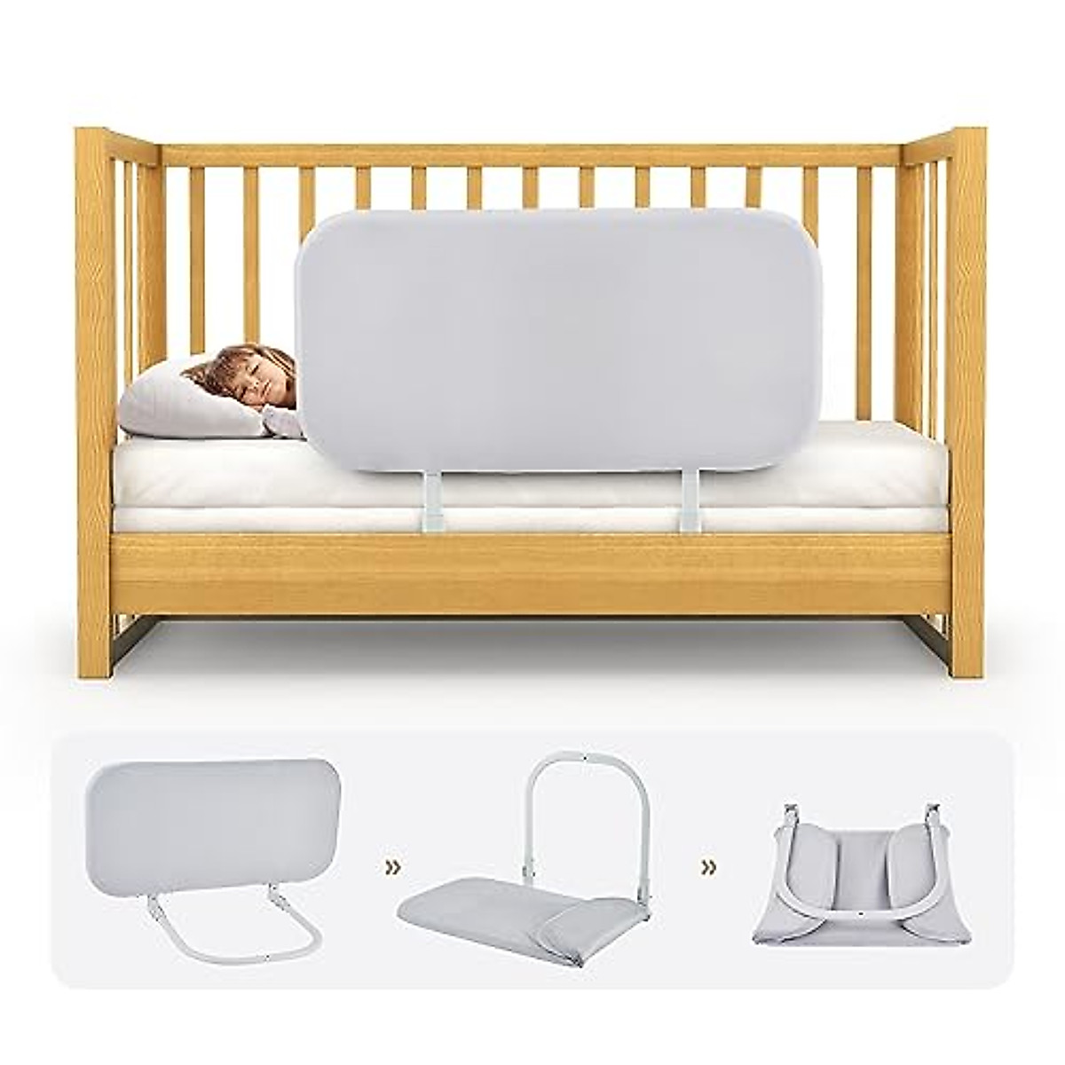 strenkitech Foldable Toddler Crib Rail - Universal Fit for Twin, Queen, Full, King Size Beds - Gray - Easy to Assemble Bed Guardrail for Infants and Toddlers (32 Inch)