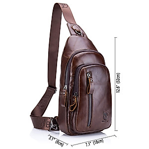 BULLCAPTAIN Mens Sling Bag Genuine Leather Chest Shoulder Backpack Crossbody Outdoor Travel Casual Daypack (brown), Medium