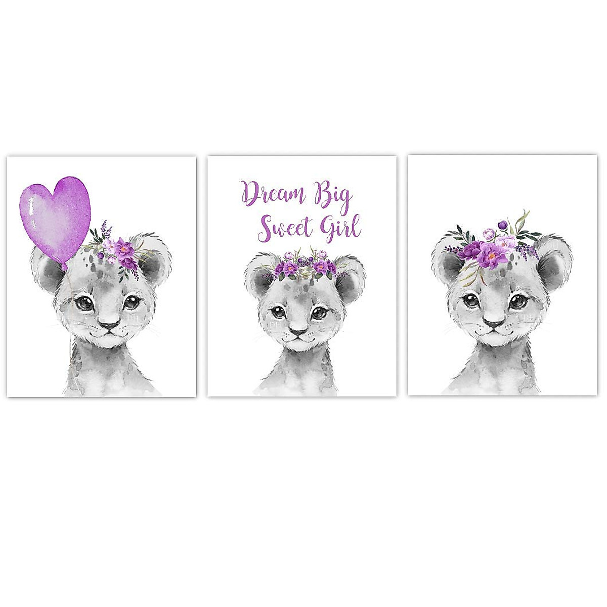 Baby Girl Nursery Art Purple Floral Lion Safari Animals Wall Decor 3 UNFRAMED PRINTS