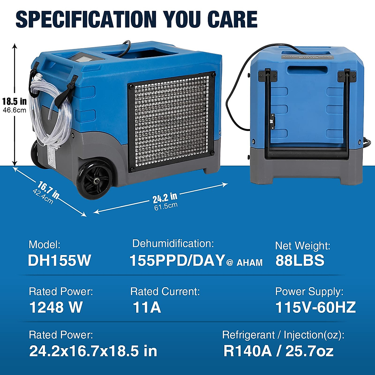 Mounto MOUNTO 268Pints LGR Commercial Compact Dehumidifier with Pump and Drain Hose, LGR Portable Dehumidifier with wheels for Home, Basements, Garages, and Job Sites