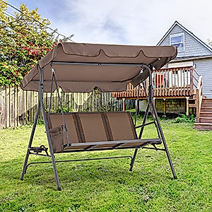 HABUTWAY Outdoor Patio Canopy Swing Chair,Porch Swing with Stand 3 Person,Heavy Duty Outdoor Swings for Deck,Backyard,Poolside,Textilene Fabric,Steel Frame,Storage Pocket,Utility Tray (Brown)