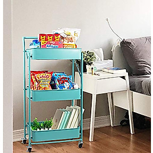 totolot 3-Tier Collapsible Rolling Utility Cart with Lockable Caster Wheels, Metal Storage Cart for Classroom, Office, Bathroom, Blue