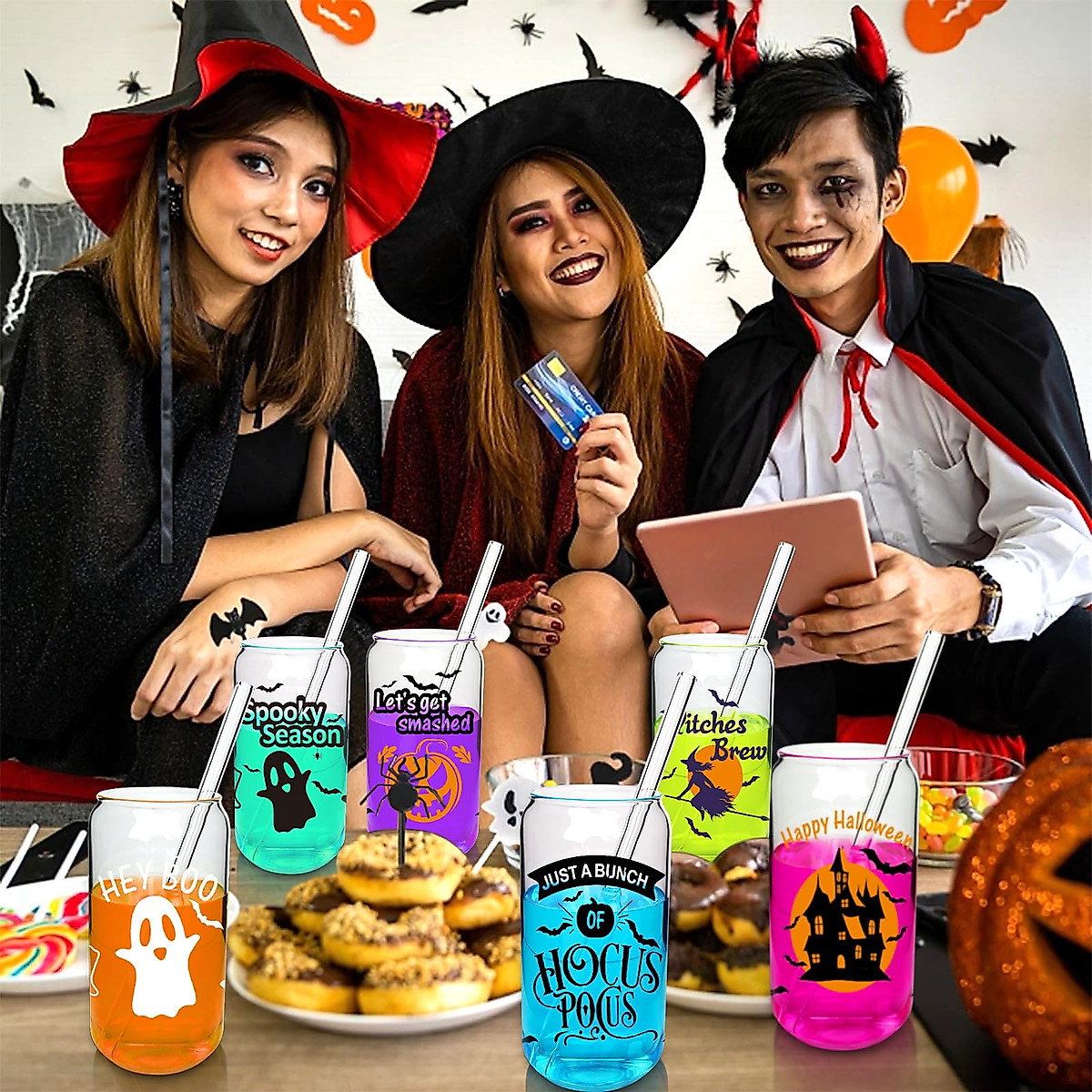 ANOITON Halloween Cups - Halloween Decorations Indoor Halloween Mug with Ghost Witch Decor Hocus Pocus Tumbler Halloween Party Supplies 18oz High Borosilicate Can Shaped Glass Cups Mug Tumbler