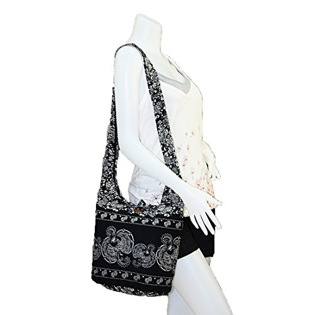 Thai Hippie Hobo Sling Crossbody Shoulder Bag Purse Handmade Zip Peacock Pattern Cotton Gypsy Boho Messenger Medium (M440 (Black))