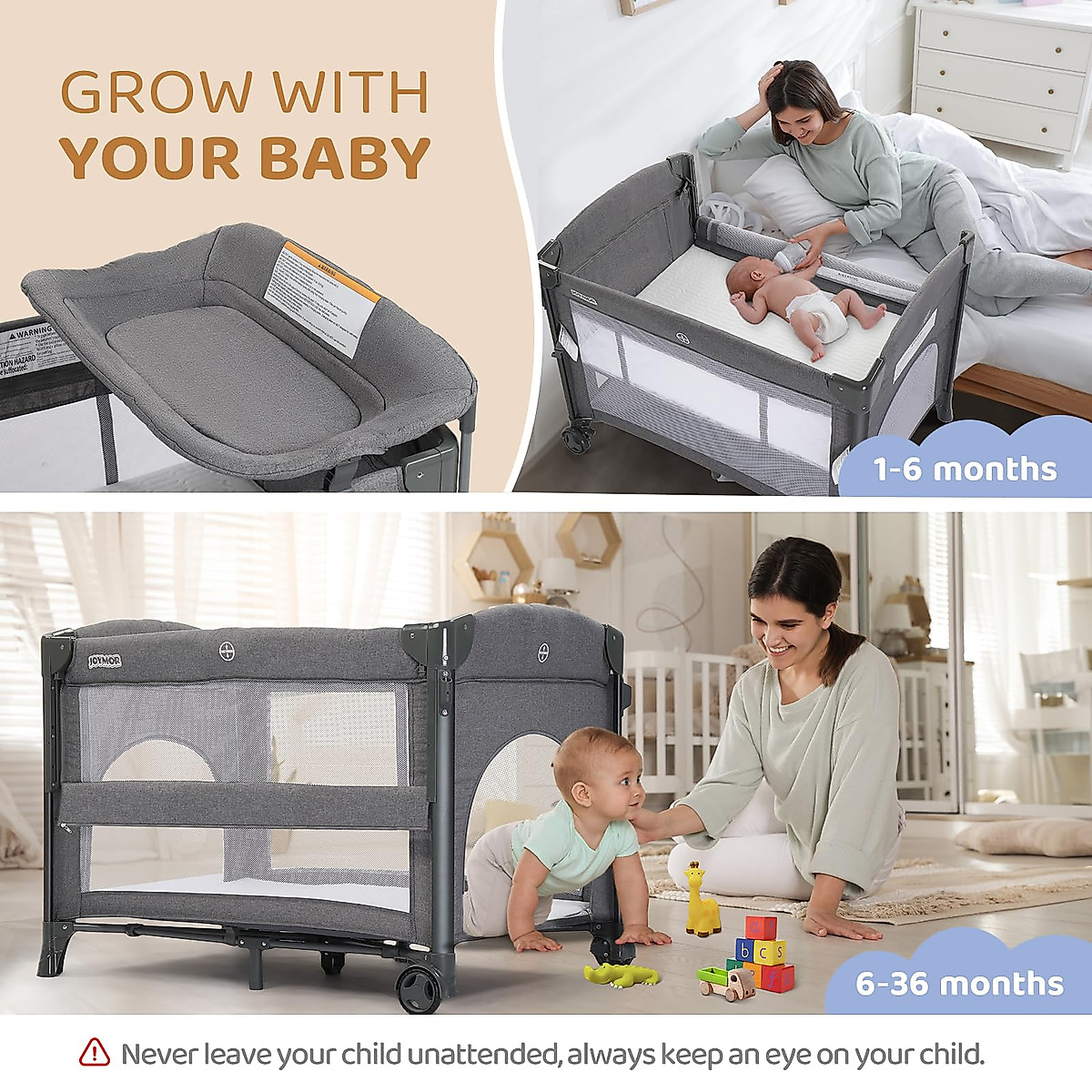 JOYMOR 5 in 1 Baby Bassinet with Changing Table, Besdide Bassinet, Portable Pack and Play with Bassinet, Mattress and Sheet, Toy, Wheels, Carry Bag for Boys Girls